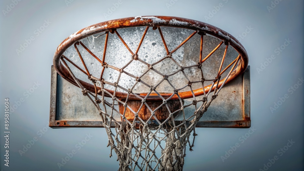 Old rusted basketball hoop stands alone against a transparent ...