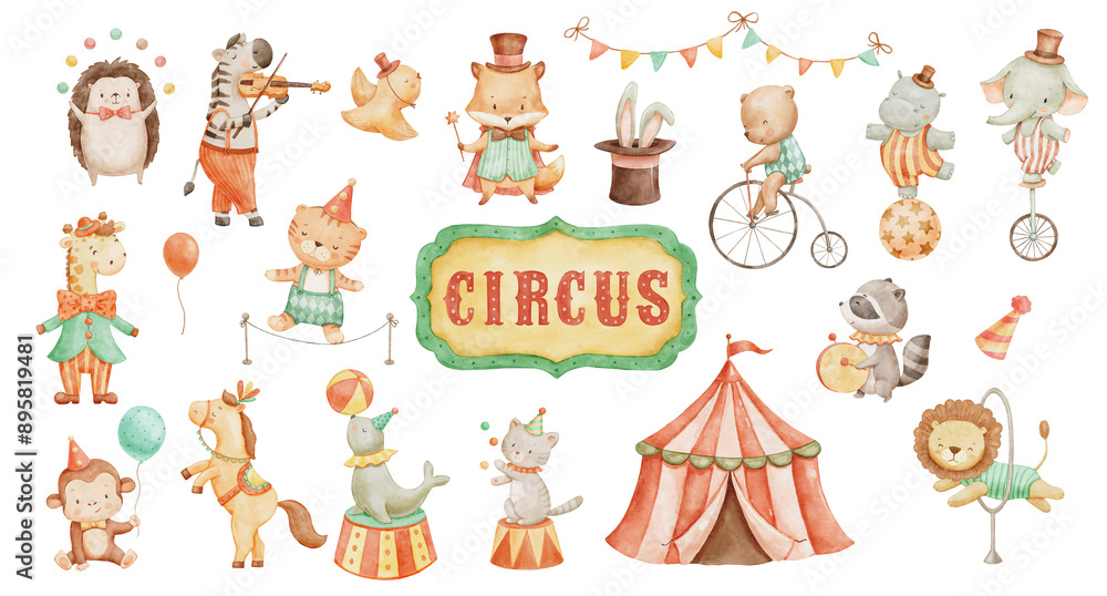 Cute circus animals set, watercolor illustrations for nursery. Woodland ...