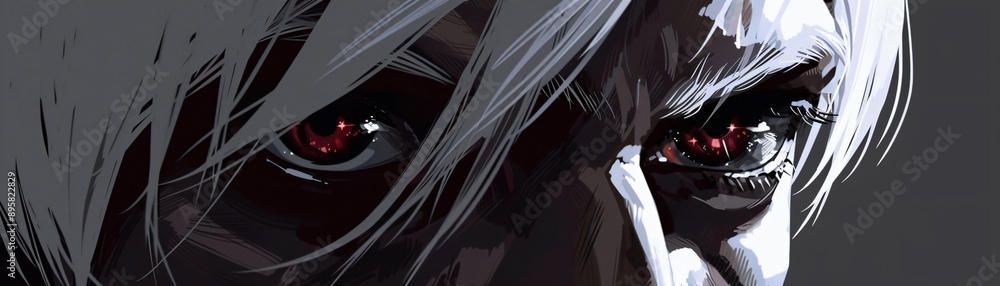 Characters eye glowing with a piercing red light the rest of the face ...
