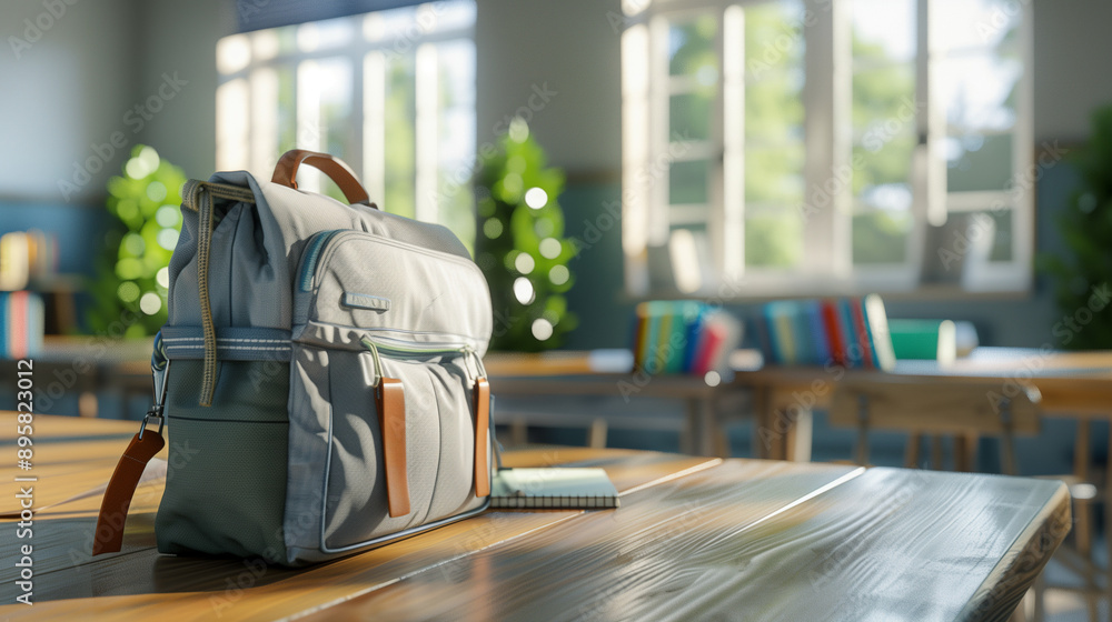 Backpack and Notebook on Wooden Desk in Bright Classroom, Symbolizing ...
