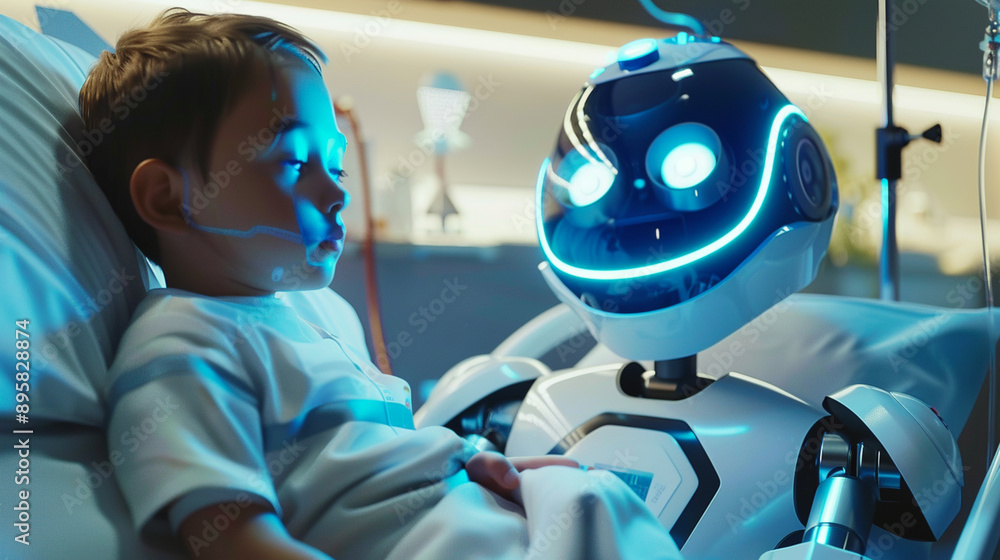 Humanoid robot, ai medical doctor diagnosing patient little boy who is ...