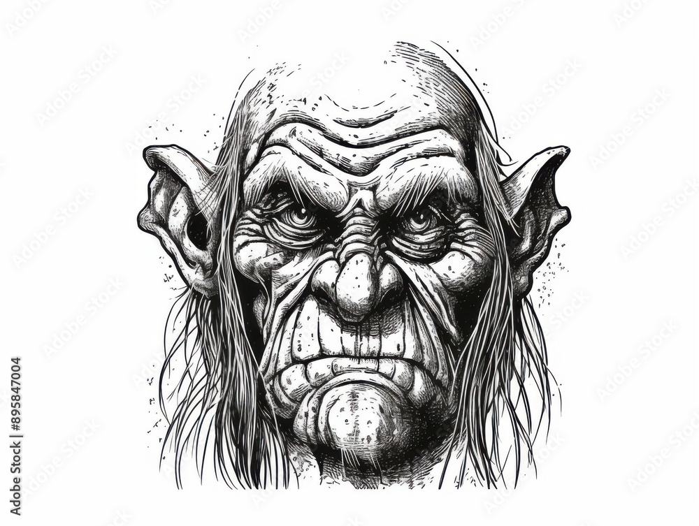 Black and white Vintage engraved art of a hobgoblin isolated on white ...