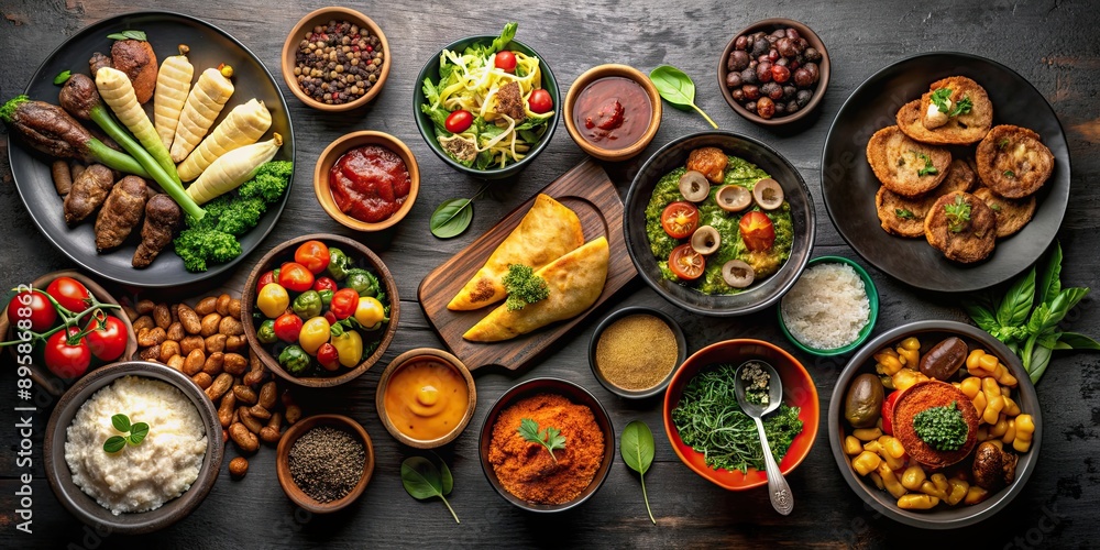 South African food styled in a flatlay on a clean black background ...