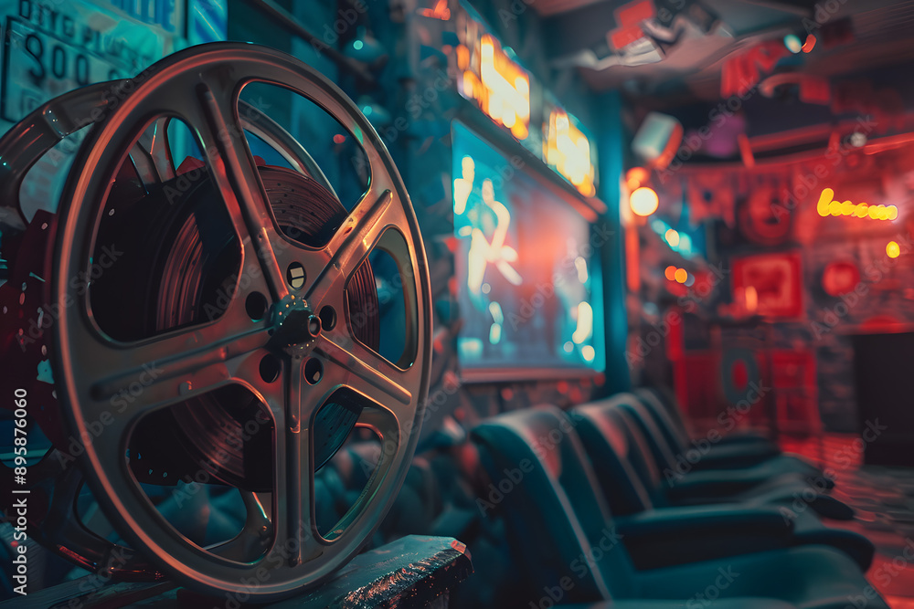 Vintage Movie Theater With Film Reel and Seats, Retro Style Lighting ...
