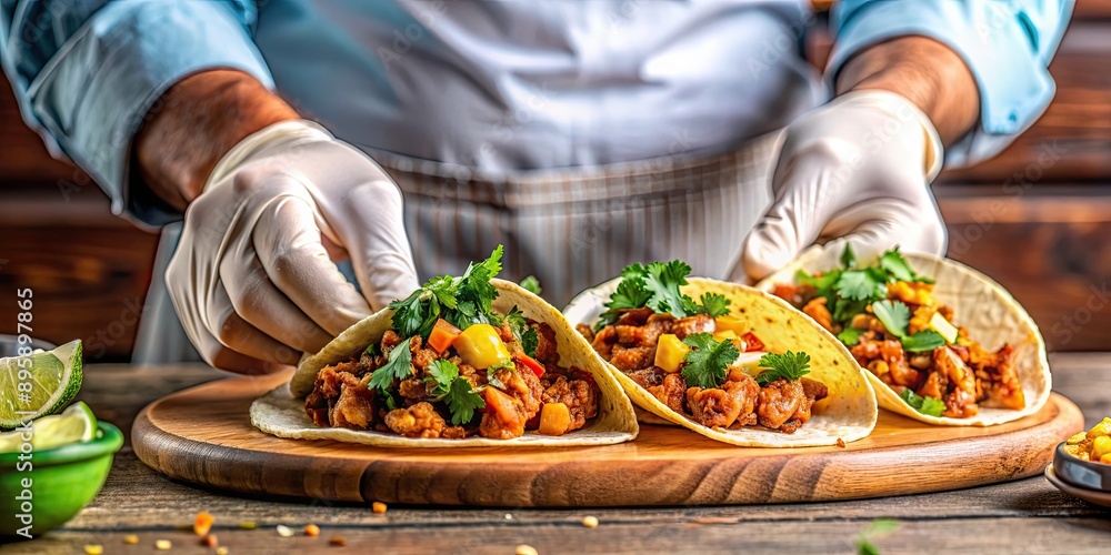 Mage preparing delicious gourmet Tacos al pastor , Mexican cuisine ...