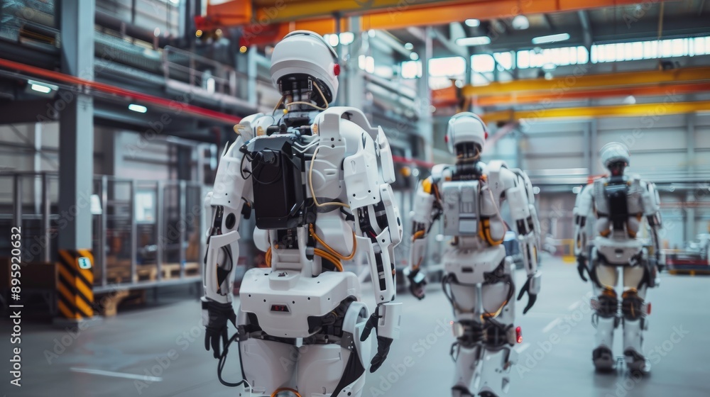 Workers in exoskeleton suits enhancing efficiency in a modern factory ...