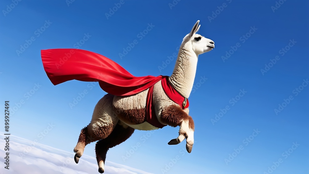 Super Llama wearing red cape flying in the sky, blue skies, sun ...