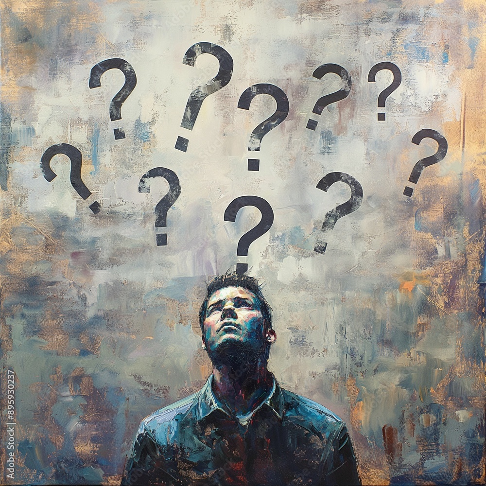 Artistic painting of a man with question marks above his head ...