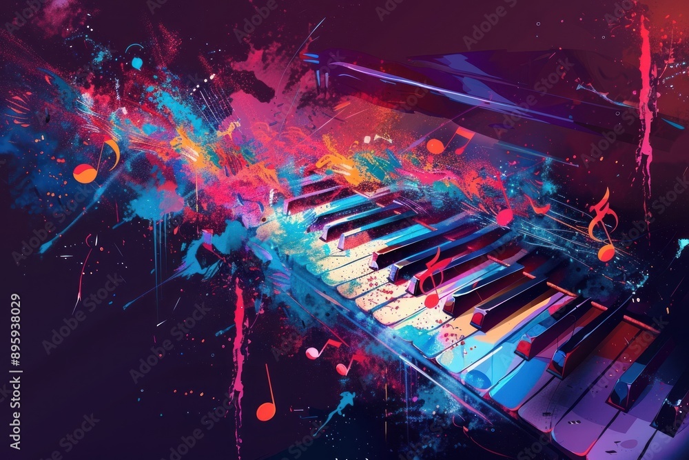 Piano background with musical notes and keys Stock Illustration | Adobe ...