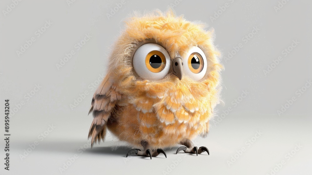 Cute and fluffy animated baby owl with big eyes against a neutral background, perfect for ...