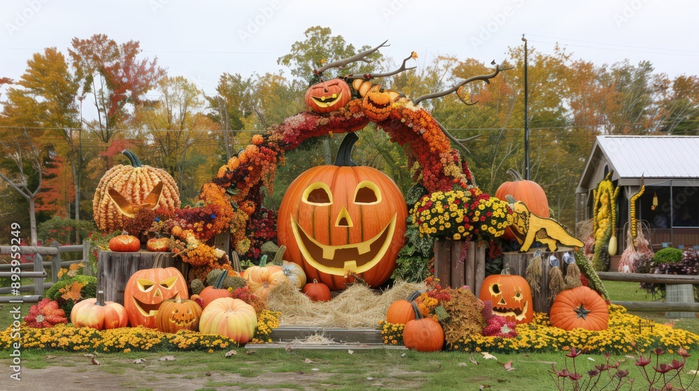 A cozy autumn harvest festival featuring a large pumpkin carving ...