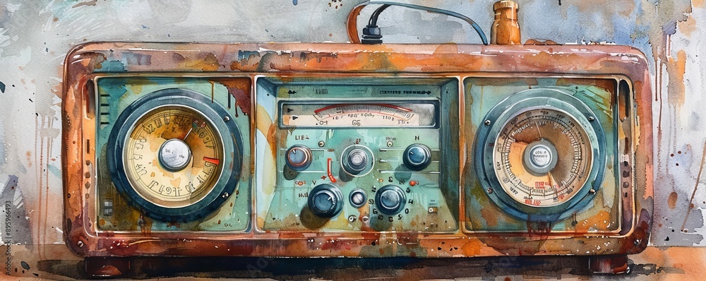 A watercolor painting of a vintage radio with its rotary dials and ...