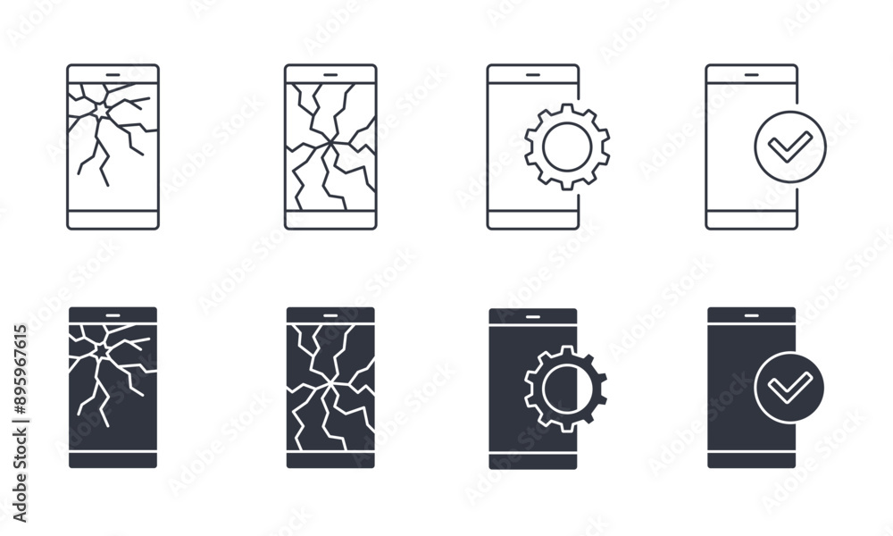 Vector icons broken smartphone. Cracks in the display of the device ...