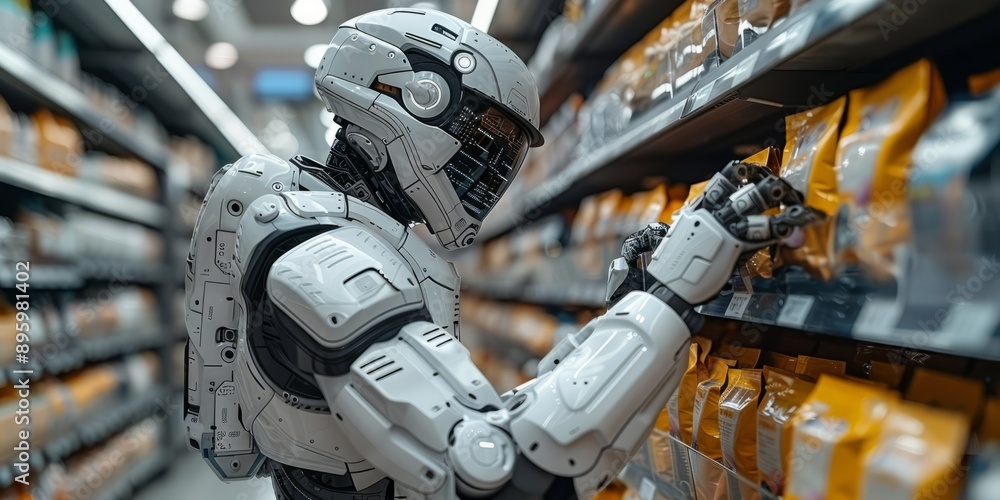 Humanoid robot helping with inventory management in a high-tech store ...