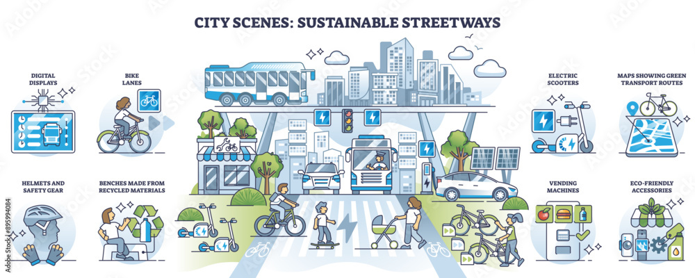City scenes with sustainable streetways in urban environment outline ...