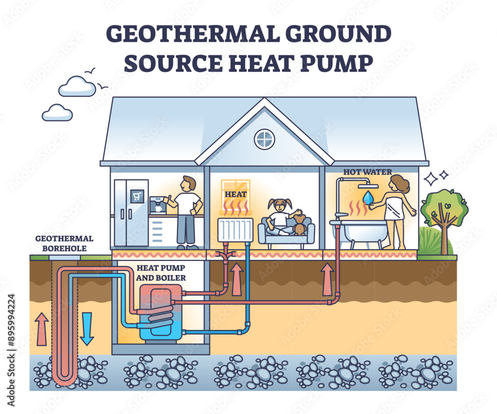 Geothermal ground source heat pump for home heating system outline diagram, transparent ...