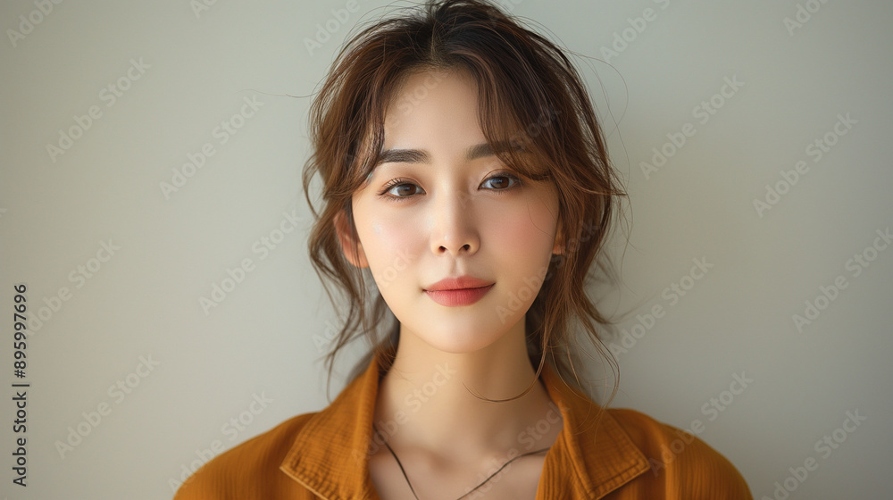 Frontal full body young woman, smile, fashion, hands hanging down ...