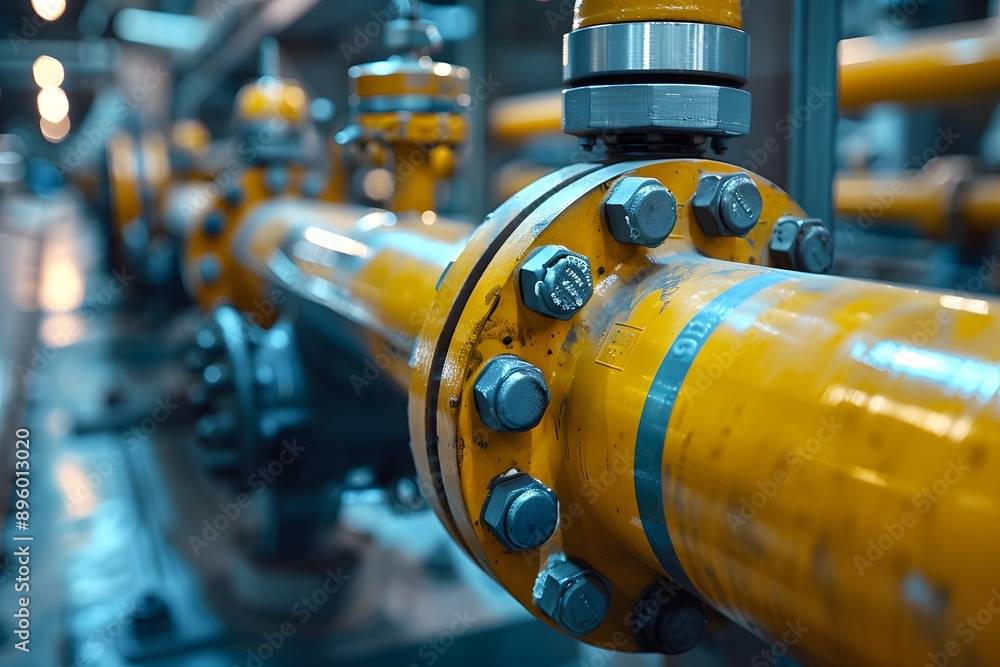Industrial Pipe System with Yellow Coating and Bolted Flanges Stock ...