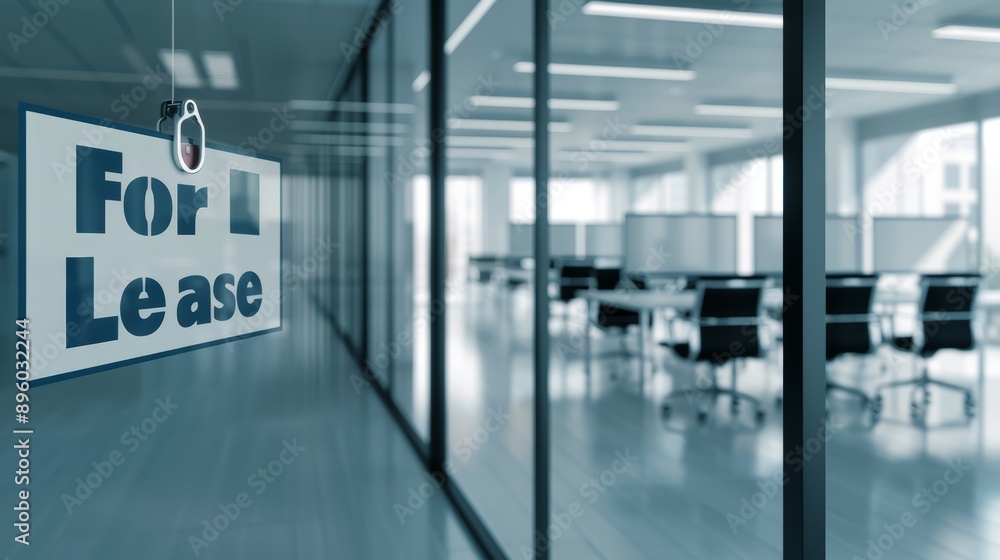 An office with "For Lease" signs in the windows and empty desks visible ...