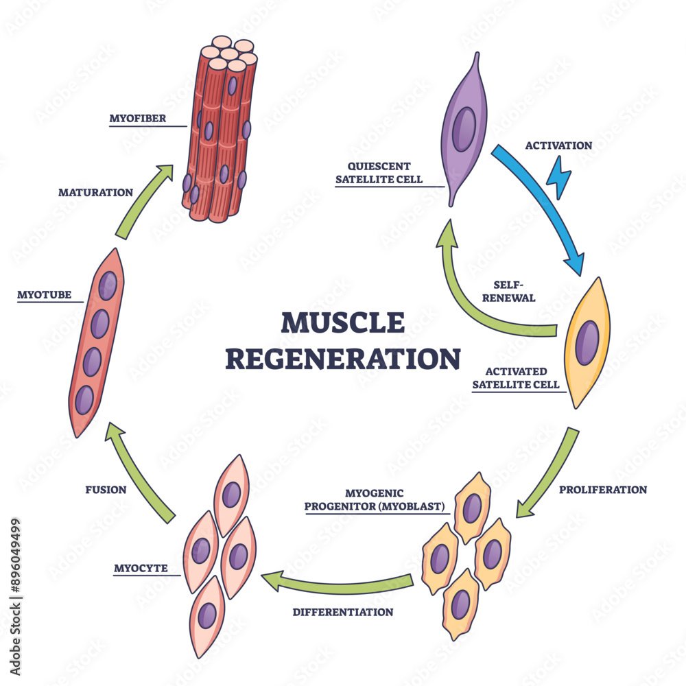 Muscle regeneration with microbiological division stages outline ...