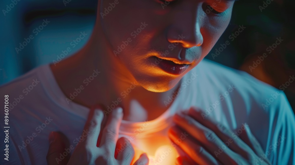 hand hold chest with heart attack symptoms, man have chest pain caused ...