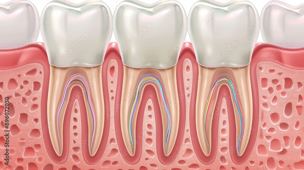 Cross-section of teeth showing enamel, dentin, and gum tissue. Stock ...