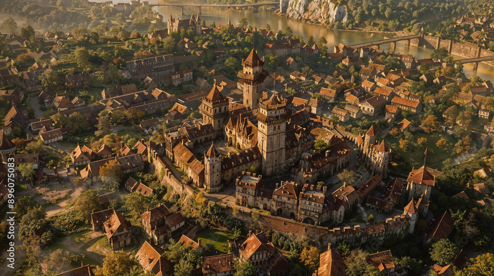 medieval walled city or town with castle, forest, houses and villages ...