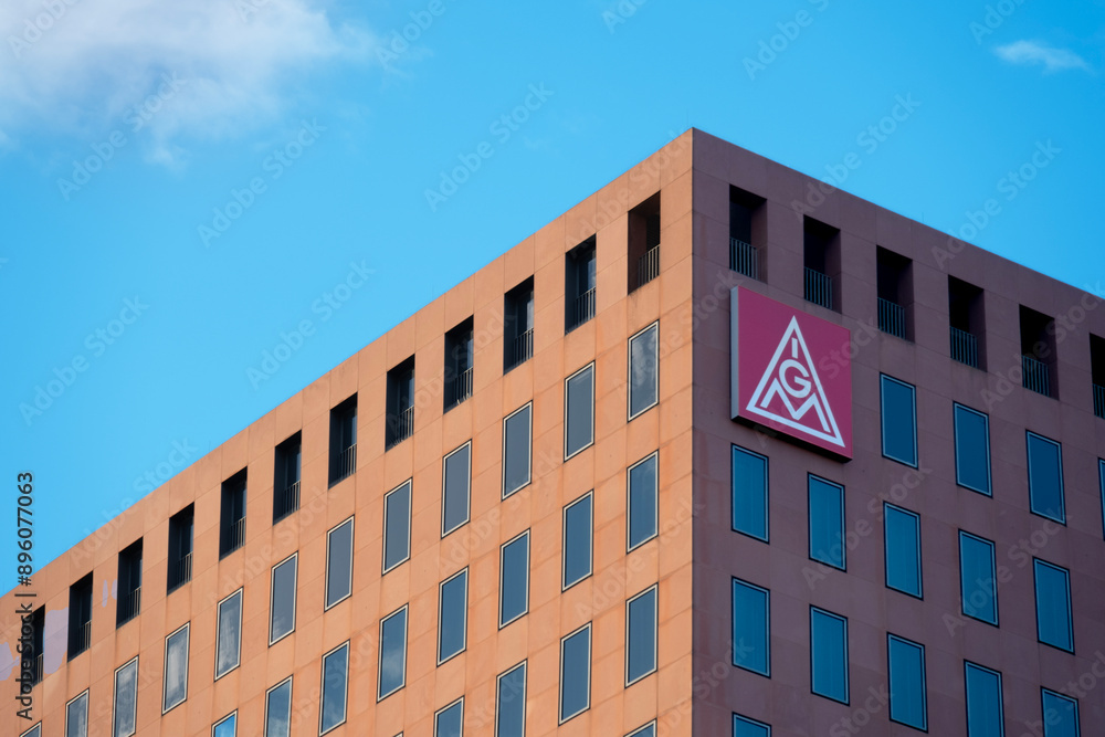 Red IGM sign IG Metall logo, German dominant metalworkers union on ...