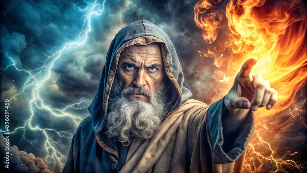 An old prophet and messenger of God pointing the finger and warning ...