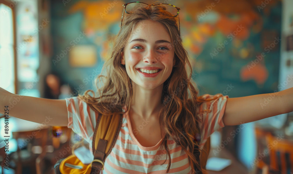 Happy girl with backpack joyfully throwing arms up in classroom during ...
