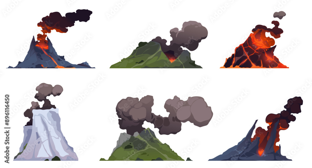 Volcanoes. Mountains eruption with fire lava explosion with smoke ...