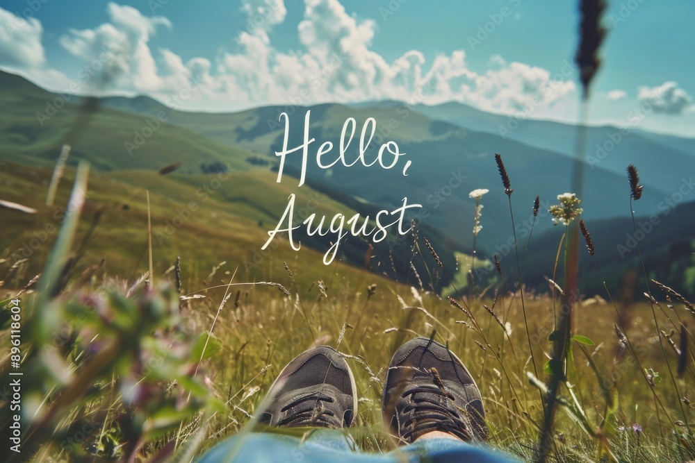 text "Hello, August" in cursive font on top of the photo with two legs ...