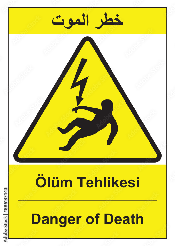Isolated hazardous symbols on yellow round triangle board warning sign ...