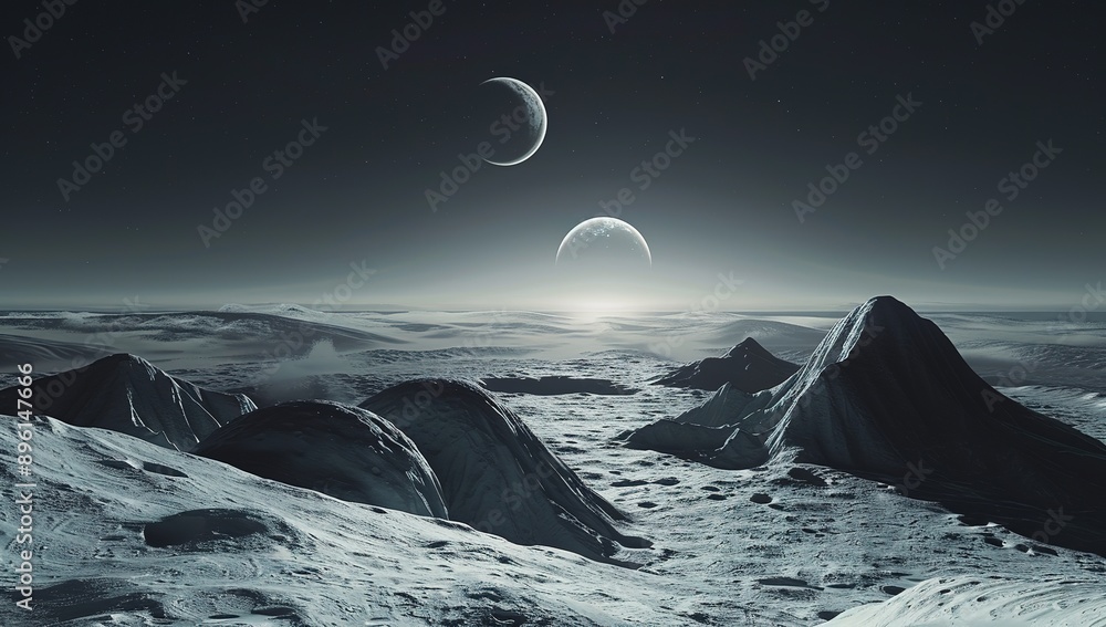 Alien Planet with Dark Rocky Terrain and Distant Moons, Cinematic Space ...