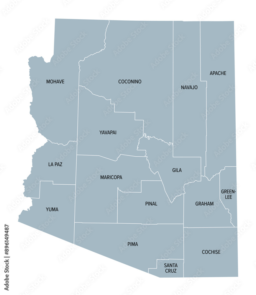 Arizona counties, gray political map. Landlocked state nicknamed Grand ...