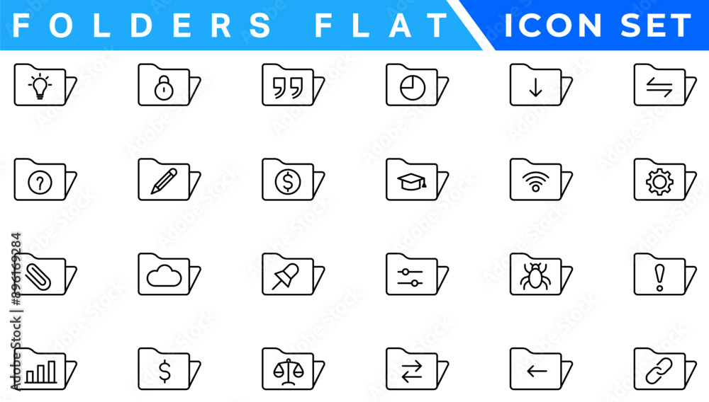 Folders flat line icons set. File catalog, document search, folder ...
