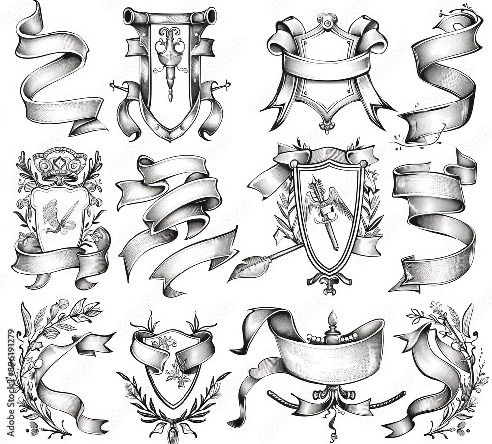 Heraldry in vintage style. Banners, templates for inscriptions and ...