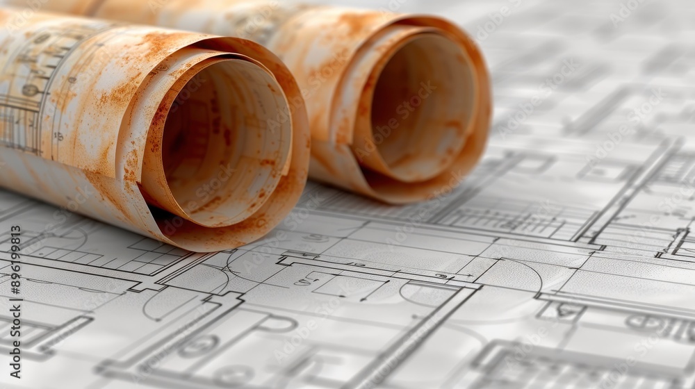 Two rolled architectural blueprints on a detailed floor plan ...
