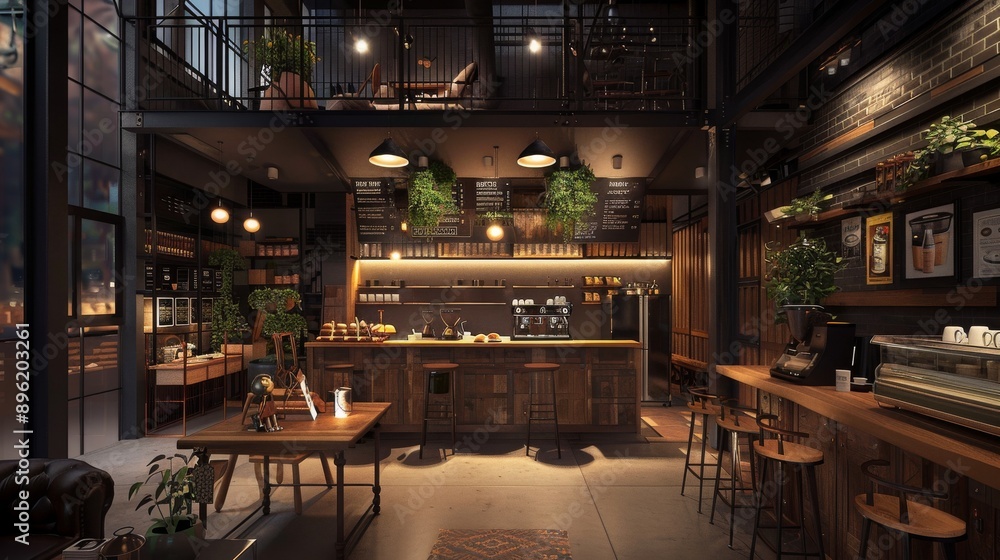 Loft-themed cafe interior in dark shades, featuring an open plan and a ...