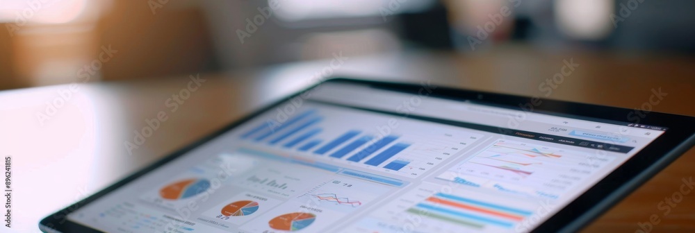 A tablet displays a data analytics application showing various graphs ...