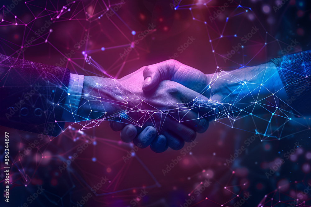 Digital handshake on blue technology background. Handshake in digital ...