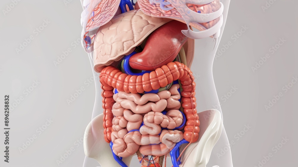 A detailed diagram of the human digestive system, showing organs and ...