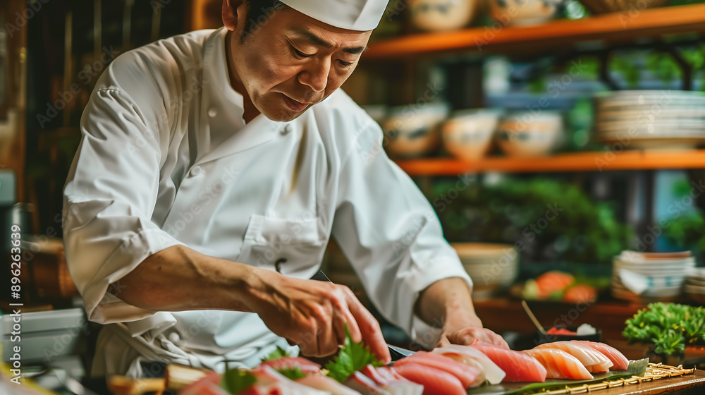Japanese sushi chef is making beautiful sashimi in his restaurant, with ...