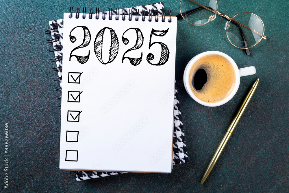 New year resolutions 2025 on desk. 2025 resolutions list with notebook ...