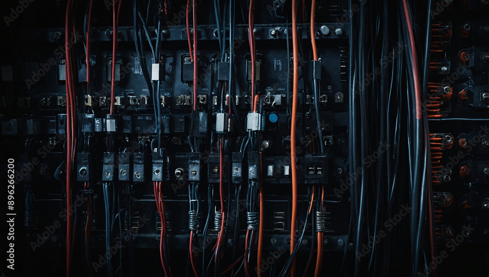 Dark industrial wallpaper with wires and connected tech. Black texture ...