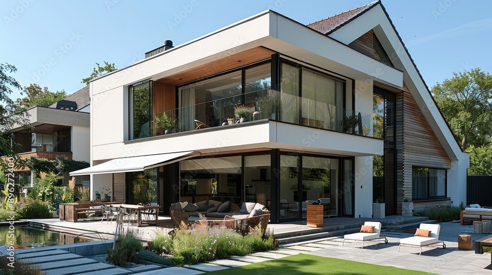 Modern two-story residential house, minimalist architecture, sunny day ...