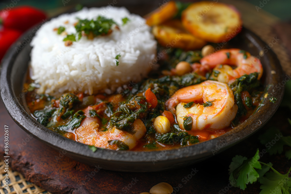Ndolé, a traditional Cameroonian meal, featuring bitter leaves stewed ...