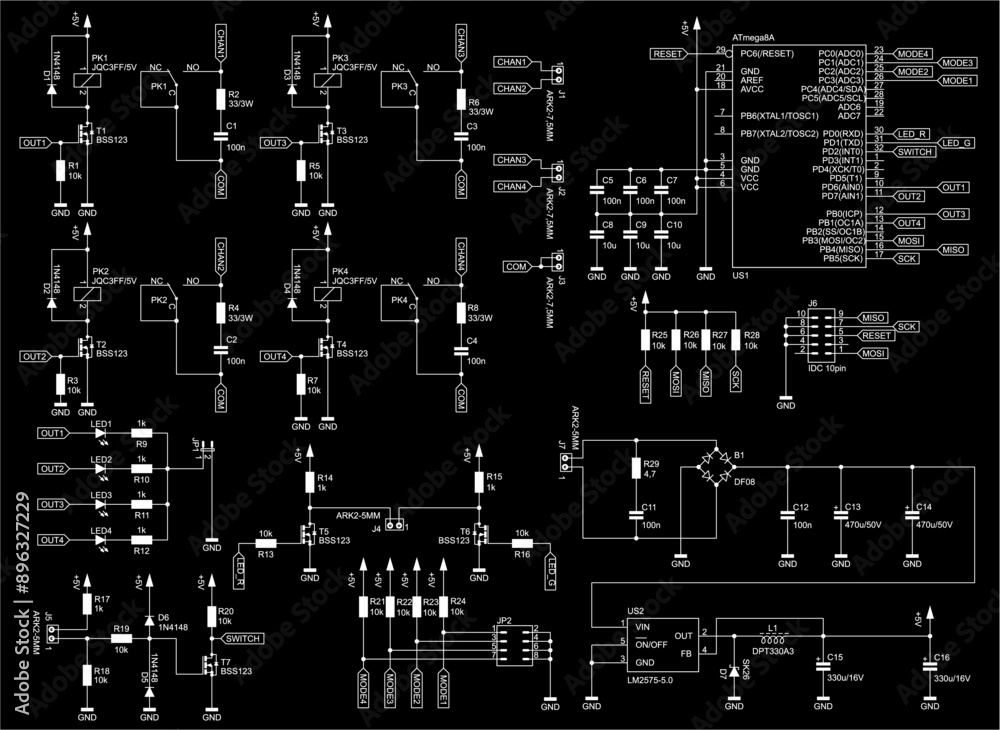 Schematic diagram of electronic device on sheet of paper. Vector drawing electrical circuit with ...