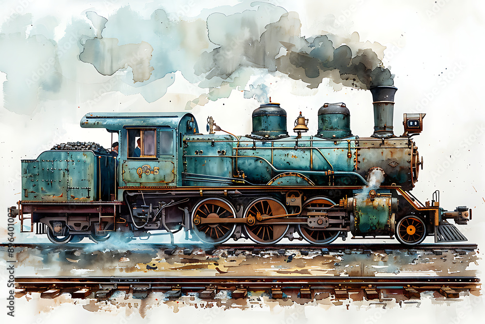 Old vintage steam locomotive isolated on white background watercolor hand drawn illustration ...