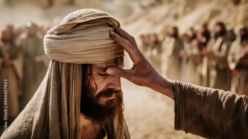 Jesus heals a blind man from behind by touching his eyes. Crowds watch ...